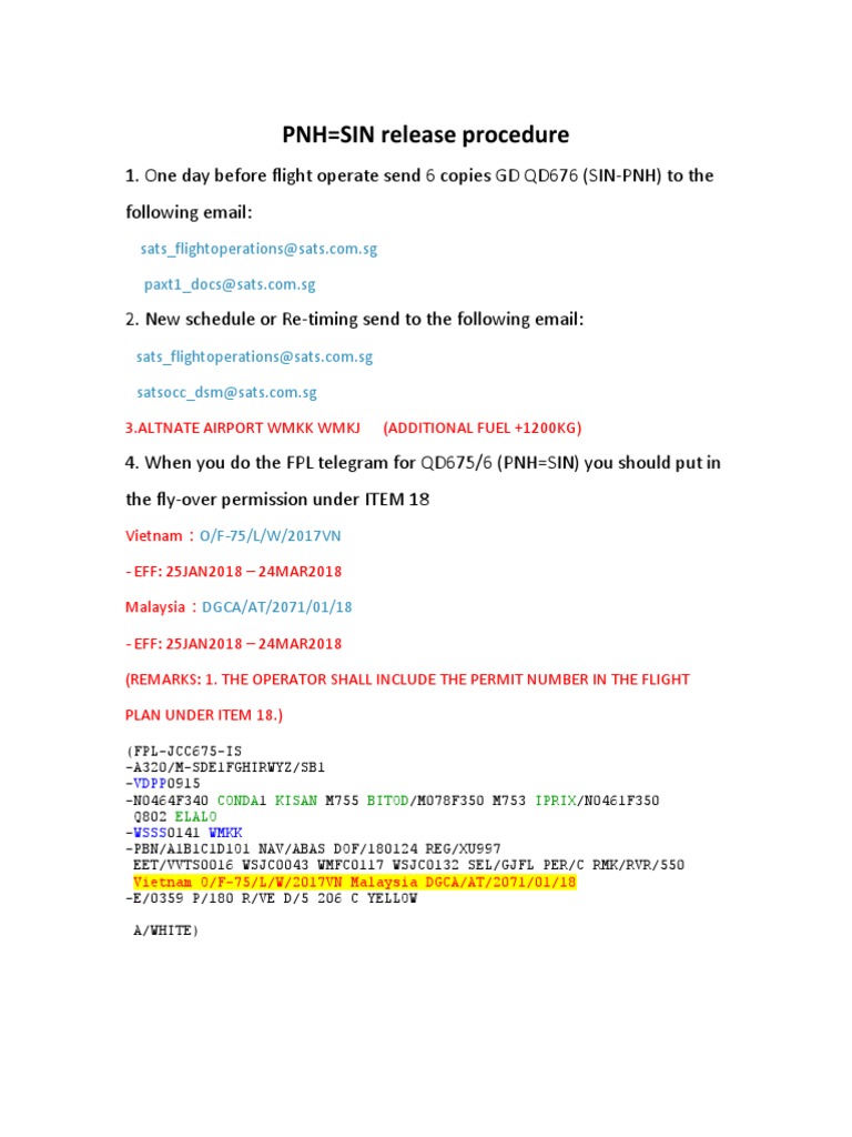 PNH-SIN Flight Release Procedure | PDF