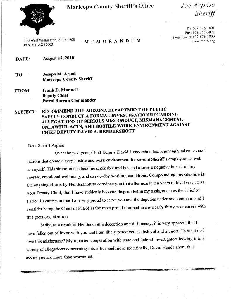 Deputy Chief's Munnell Memo To Arpaio | PDF | Politics