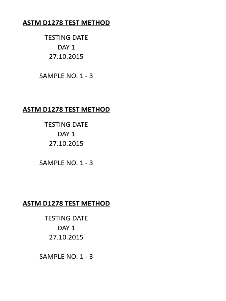 Testing Date Day 1 27.10.2015 Sample No. 1 - 3: Astm D1278 Test Method ...