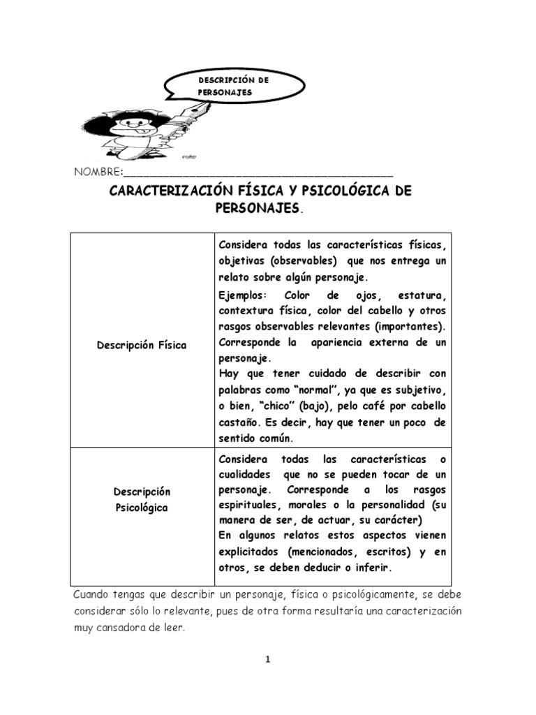Caracterización de personajes: Descripción física y psicológica | PDF ...