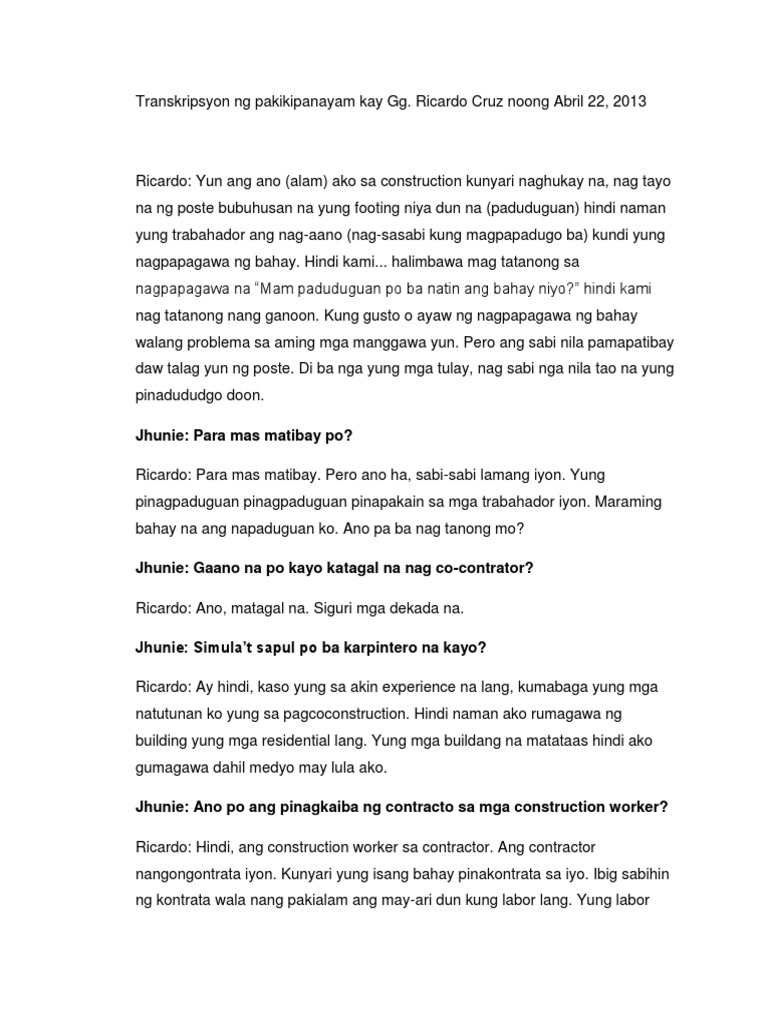 Transkripsyon NG Pakikipanayam Kay Gg. Ricardo Cruz | PDF