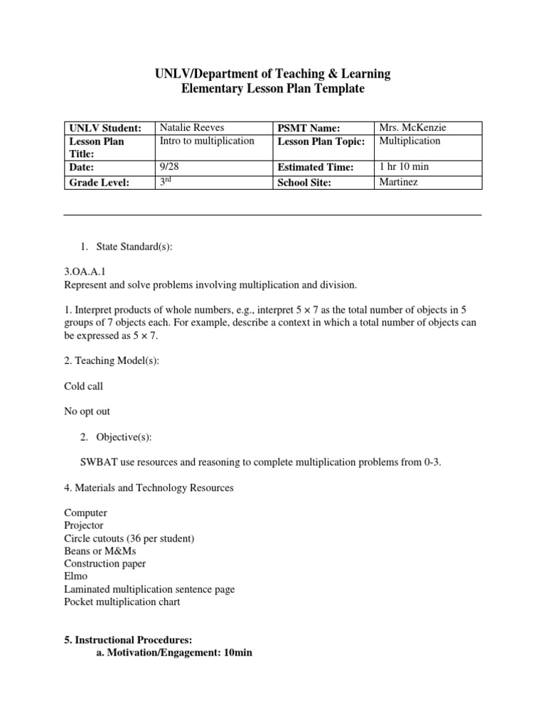 UNLV/Department of Teaching & Learning Elementary Lesson Plan Template ...