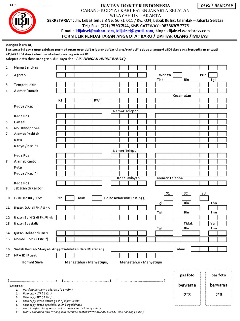Formulir Pendaftaran IDI Jaksel | PDF