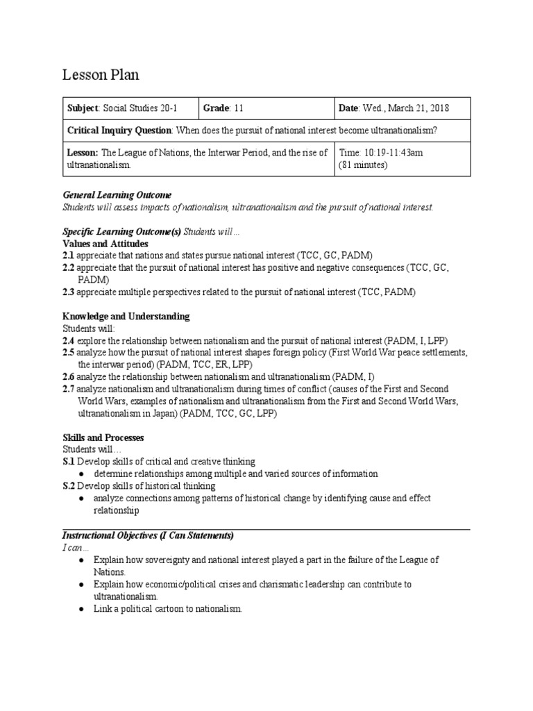 Lesson Plan: Subject Grade Date Critical Inquiry Question Lesson | PDF ...