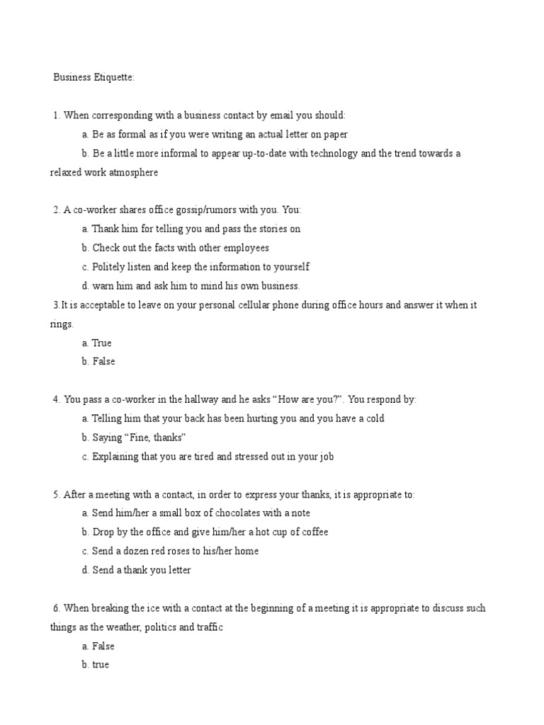 Business Etiquette Quiz - Vinoddddx | PDF | Clothing