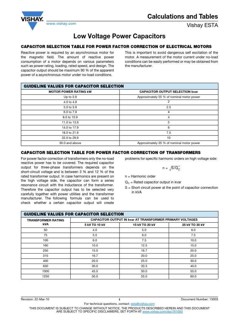 Calculations and Tables: Vishay ESTA | PDF | Capacitor | Transformer
