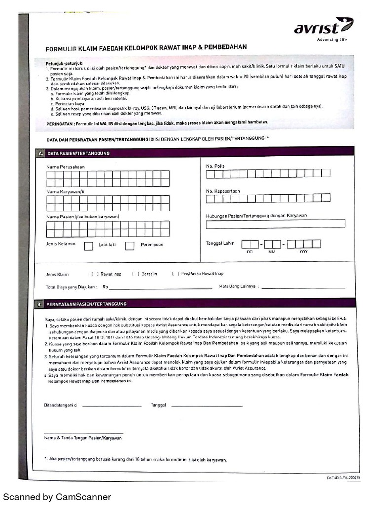 Form Klaim Rawat Inap Reimburst Avrist-1-1 | PDF