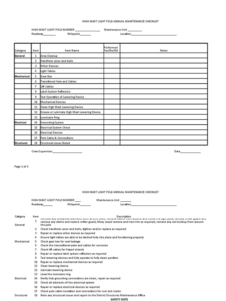 High Mast Light Pole Maintenance Checklist | PDF | Manufactured Goods ...