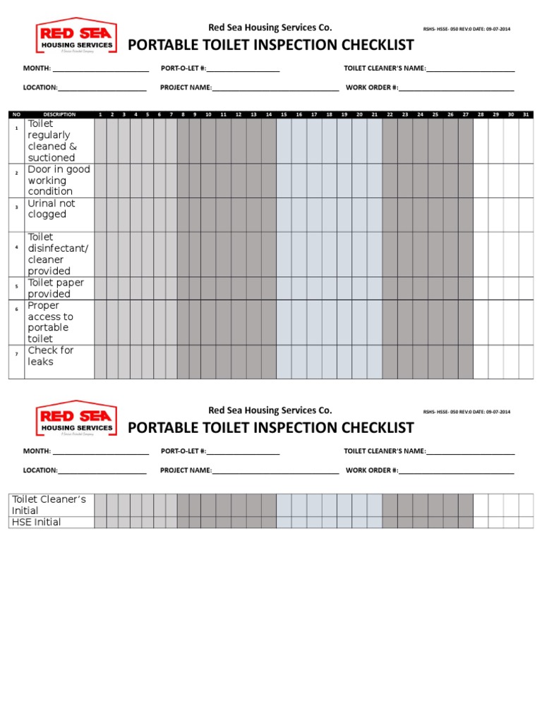 Portable Toilet Inspection Checklist | PDF | Bathroom | Home & Garden