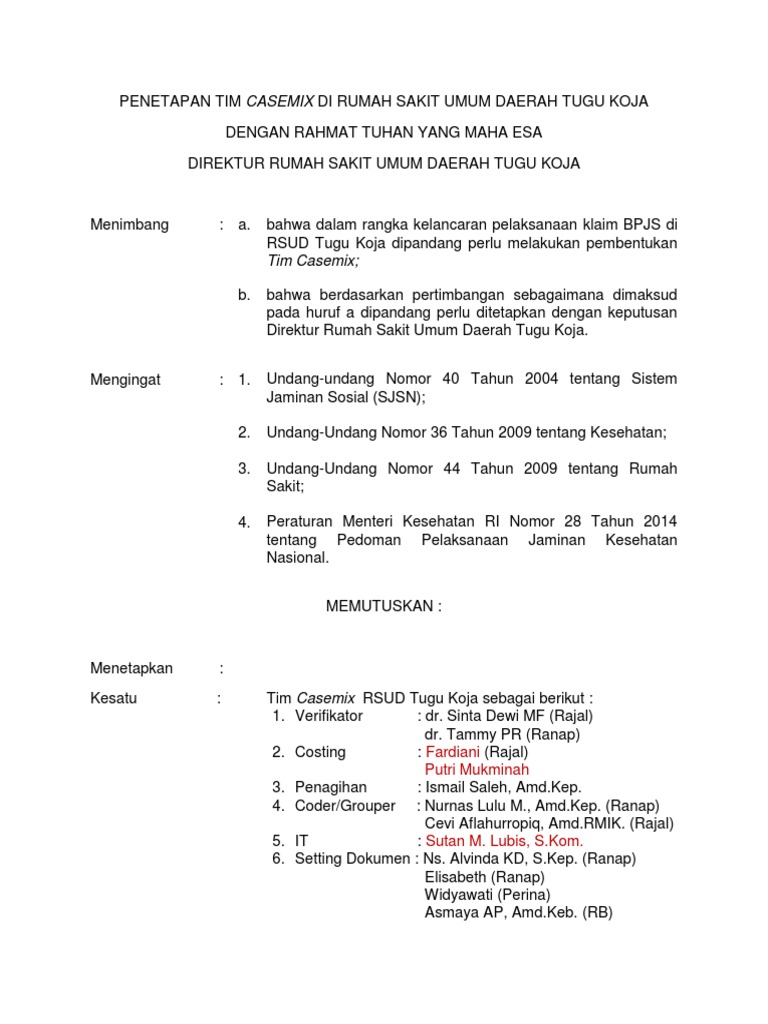 SK Tim Casemix Di Rsud Tugu Koja | PDF