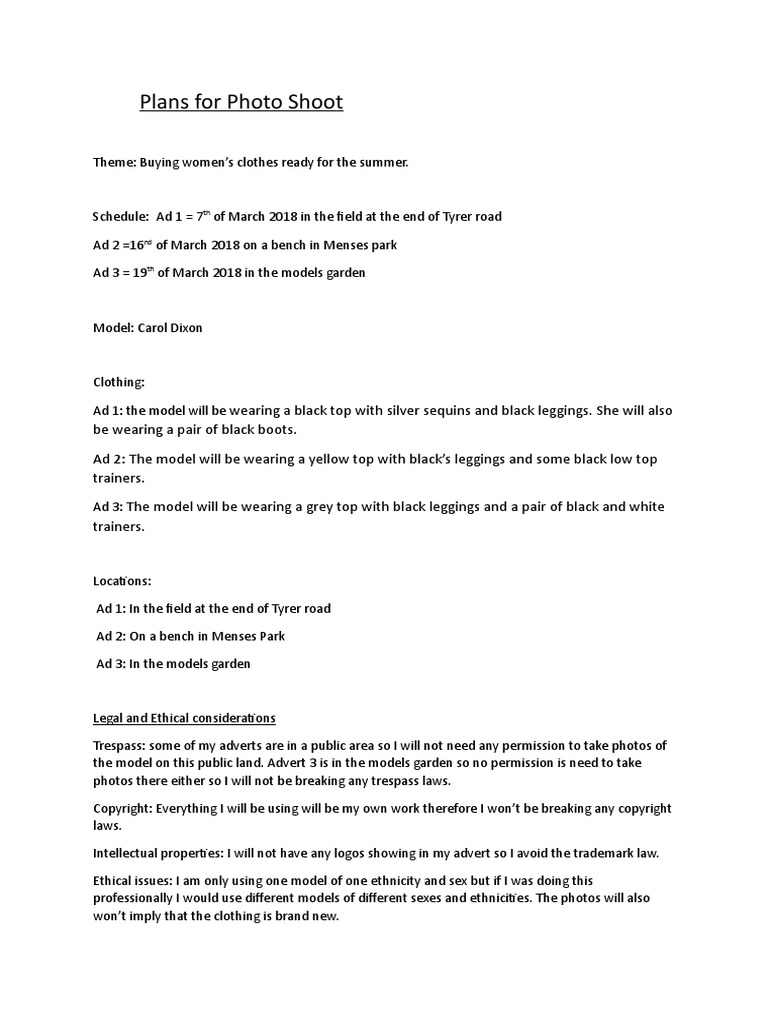 Plans For Photo Shoot | PDF | Social Science | Art
