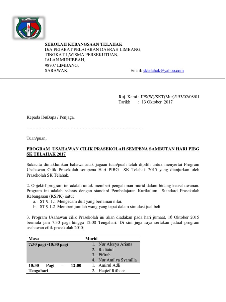 Surat Program Usahawan Cilik | PDF