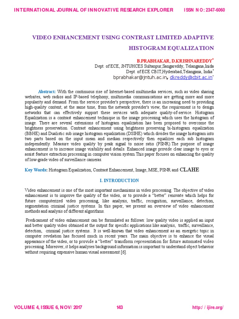 Video Enhancement Using Contrast Limited Adaptive Histogram Equalization | PDF | Imaging | Science