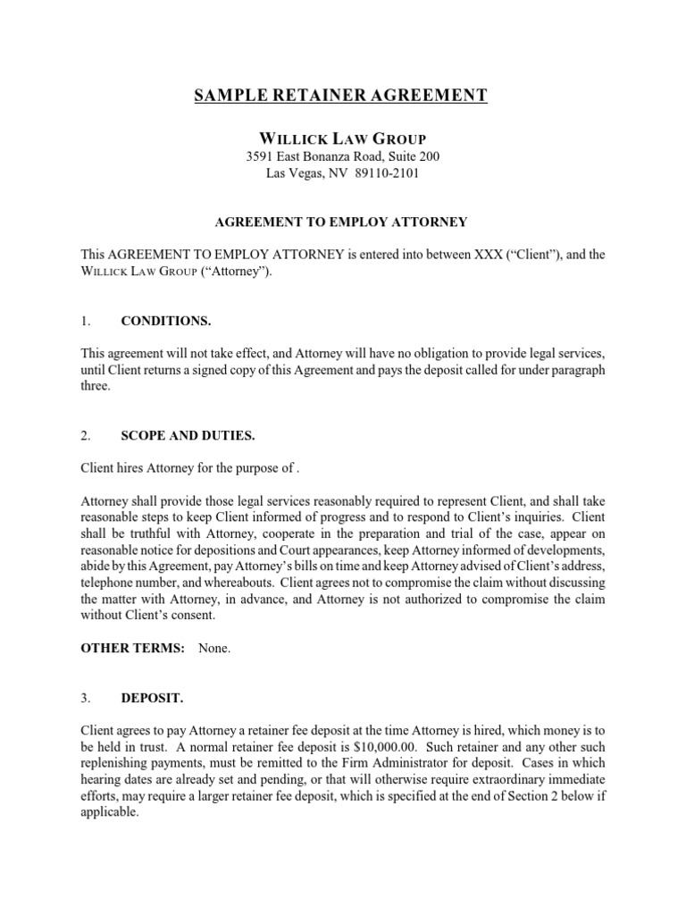 Sample Retainer Agreement W L G: Illick AW Roup | PDF | Fee | Paralegal