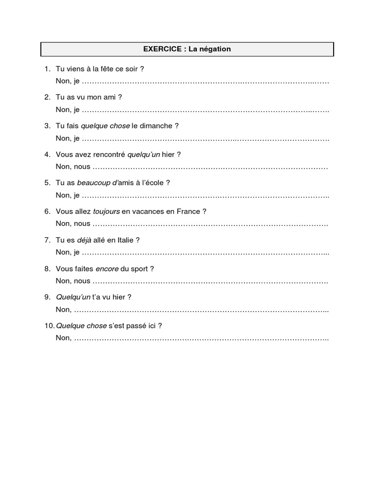 La negation exercices store