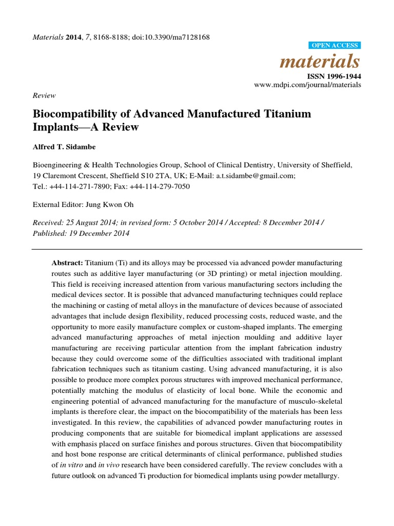 Biocompatibility of Advanced Manufactured Titanium Implants-A Review ...