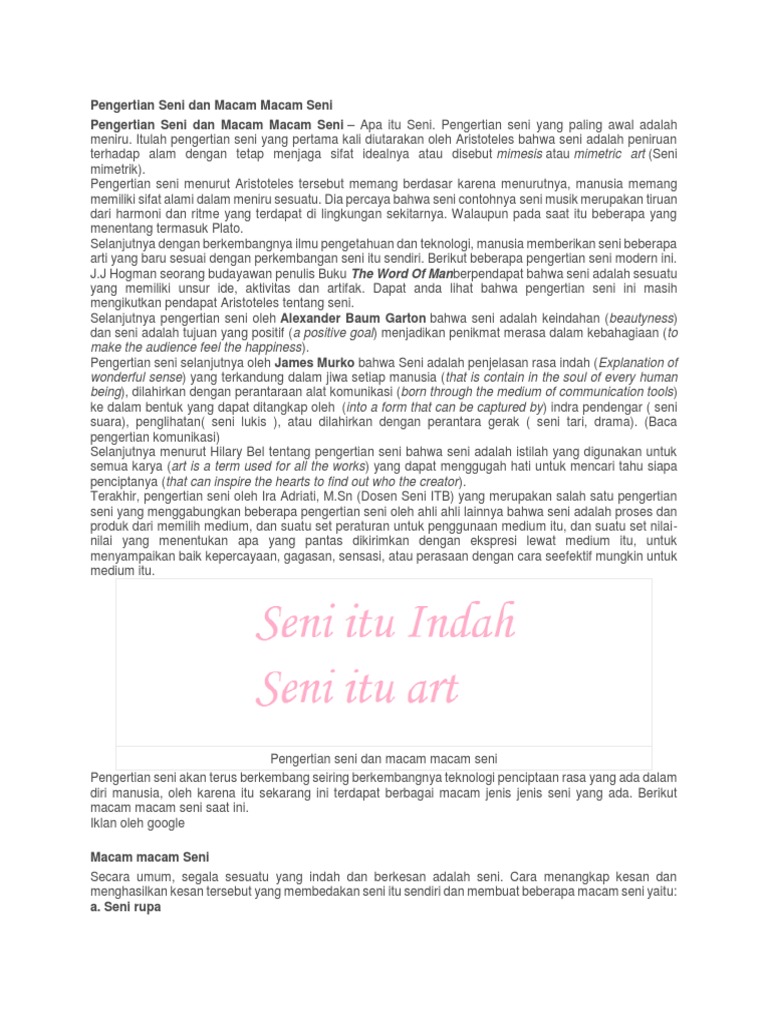Pengertian Seni Dan Macam Macam Seni | PDF