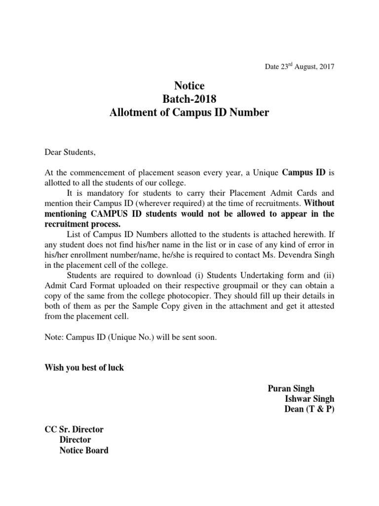 Allotment of Campus ID Number | PDF