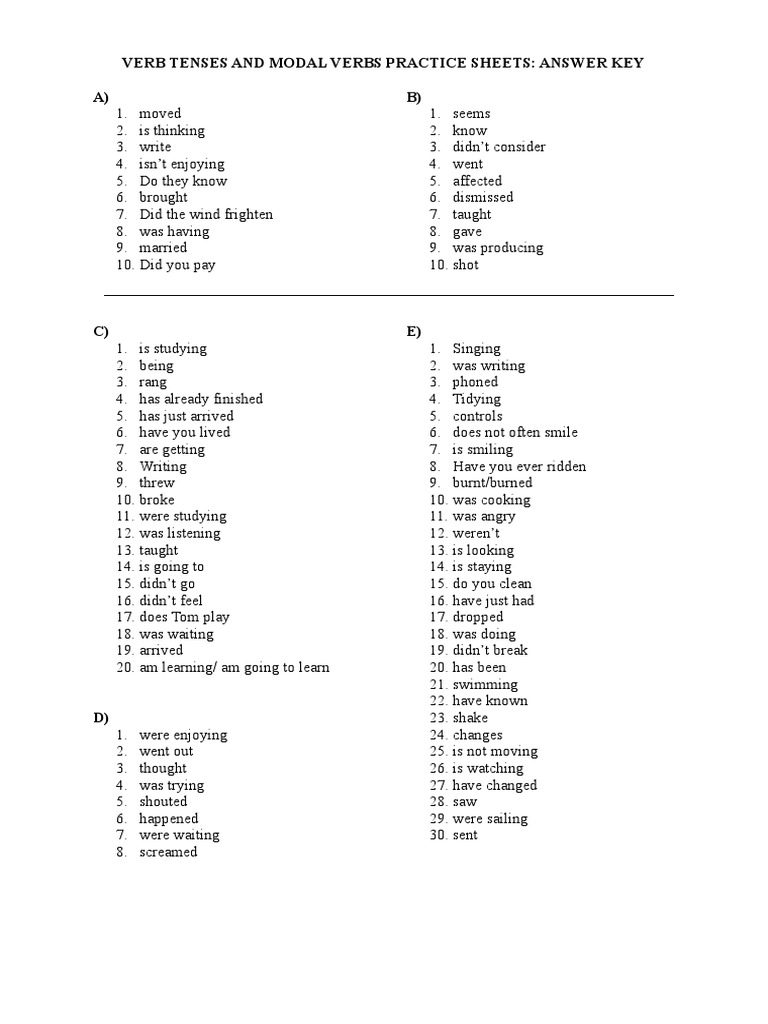Verb Tenses & Modal Verbs Practice Key | PDF