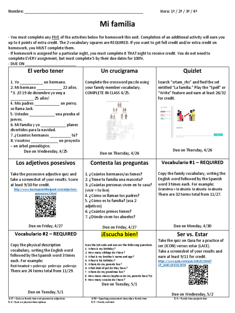 Spanish 1 Mi Familia Tarea | PDF | Linguistics | Linguistic Typology