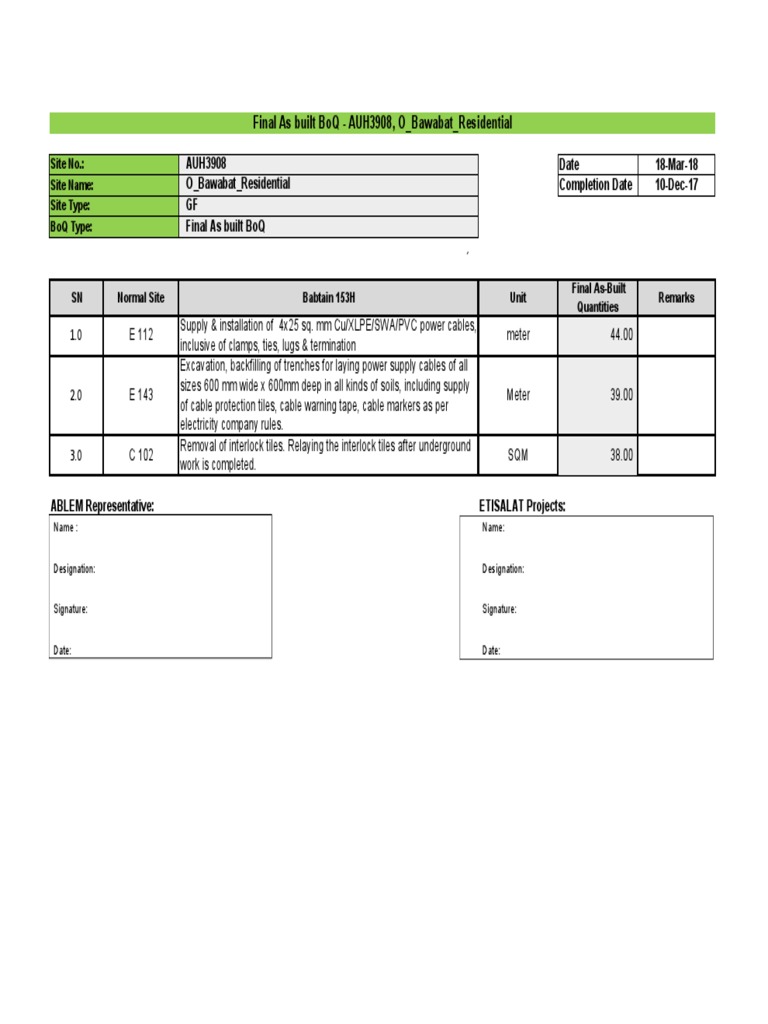 AUH3908 - As Built Unpriced BOQ | PDF | Electric Power | Electrical ...