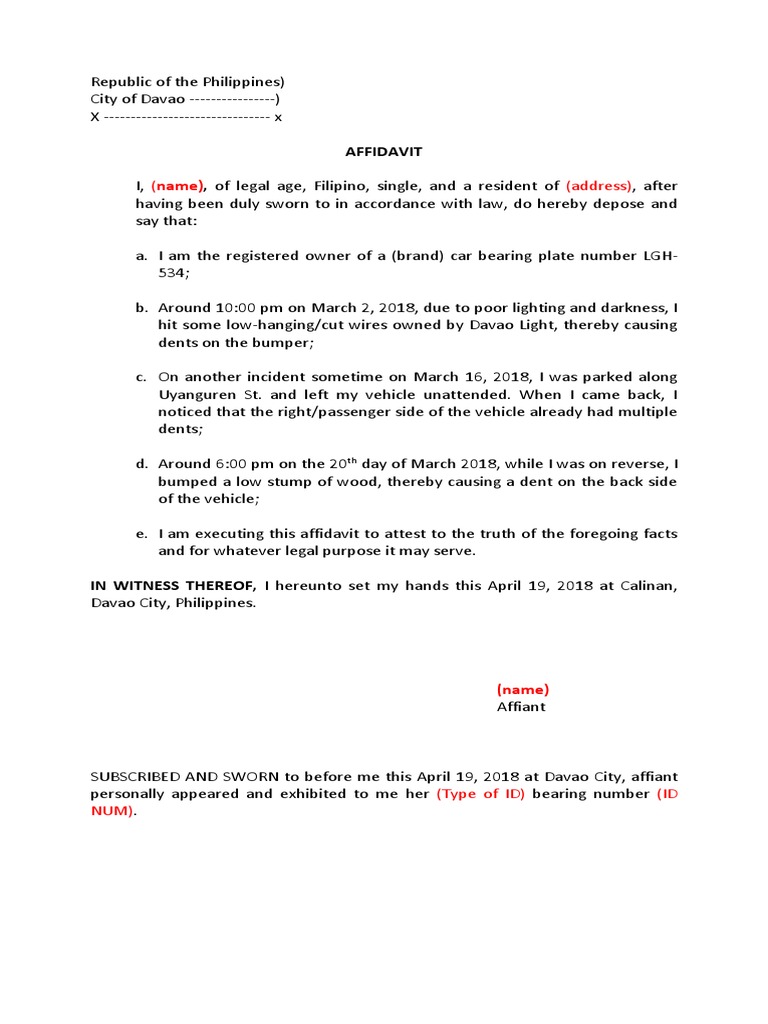 Affidavit, of Legal Age, Filipino, Single, and A Resident of | PDF | Law