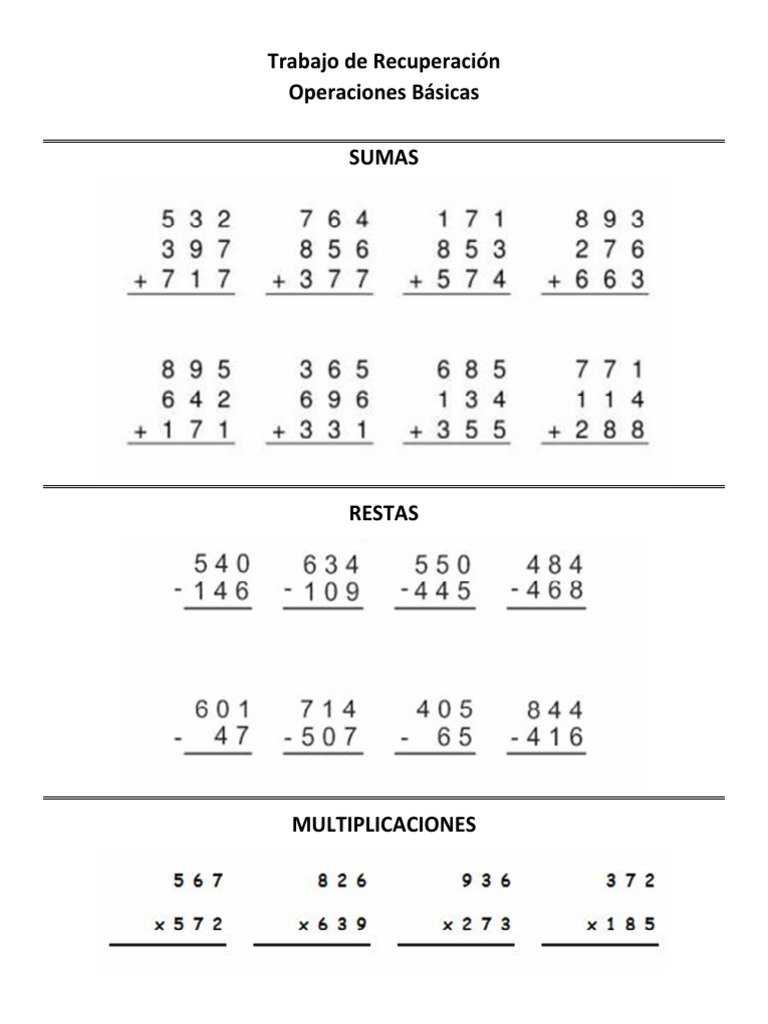 Recuperacion - Operaciones Basicas | PDF | Enseñanza de matemática