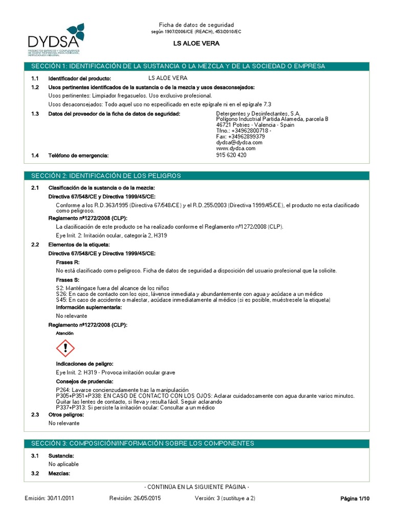 Sds Ls Aloe Vera Es | PDF | Toxicidad | Dióxido de carbono
