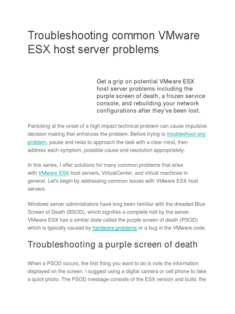 Troubleshooting Common VMware ESX Host Server Problems PDF | PDF | V ...