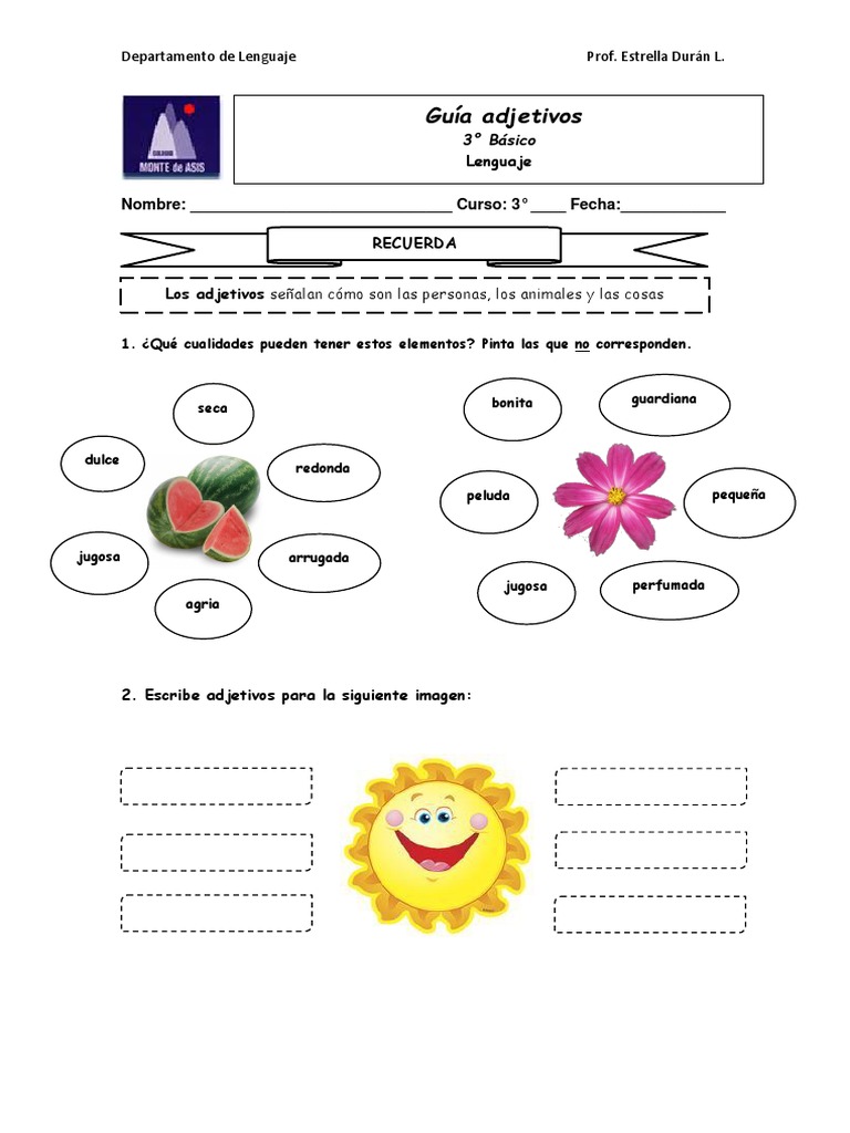 GUIA Apoyo Clase de Lenguaje ADJETIVOS Clase 1 | PDF