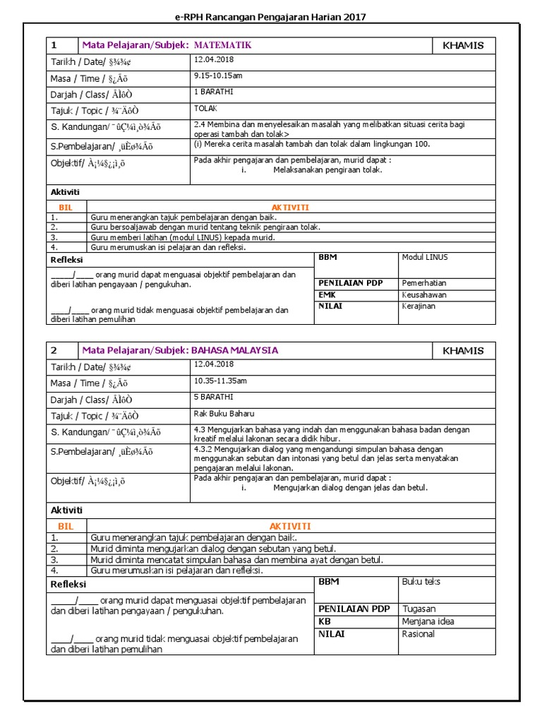 Contoh RPH PJ Tahun 5 SJKT | PDF