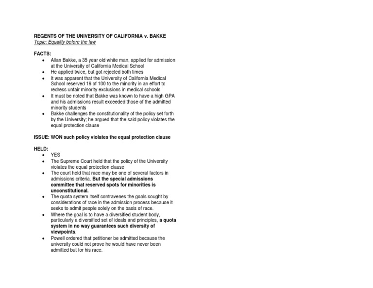 Regents of The University of California v. Bakke | PDF