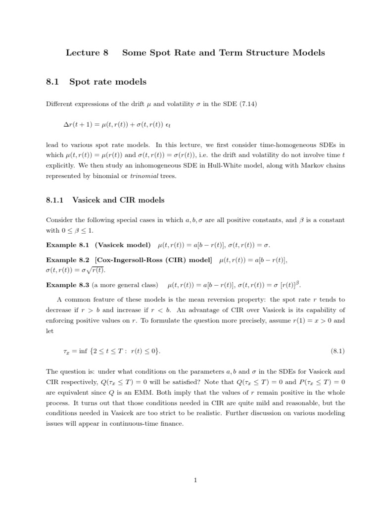 Some Spot Rate and Term Structure Models 8.1 Spot Rate Models | PDF ...