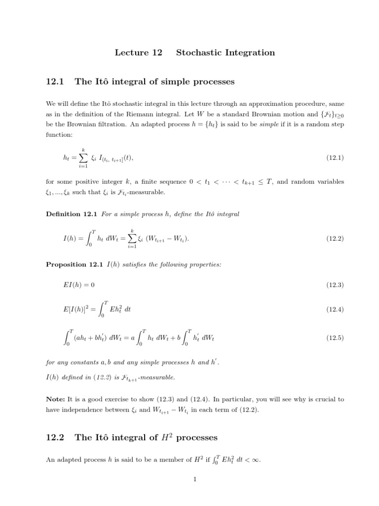 Stochastic Integration 12.1 The It o Integral of Simple Processes | PDF ...