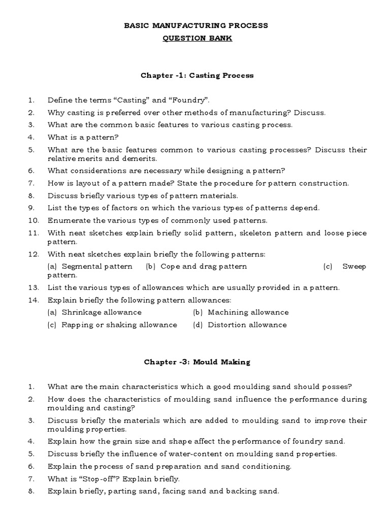 Manufacturing Process 1 Question Bank | PDF | Forging | Casting ...