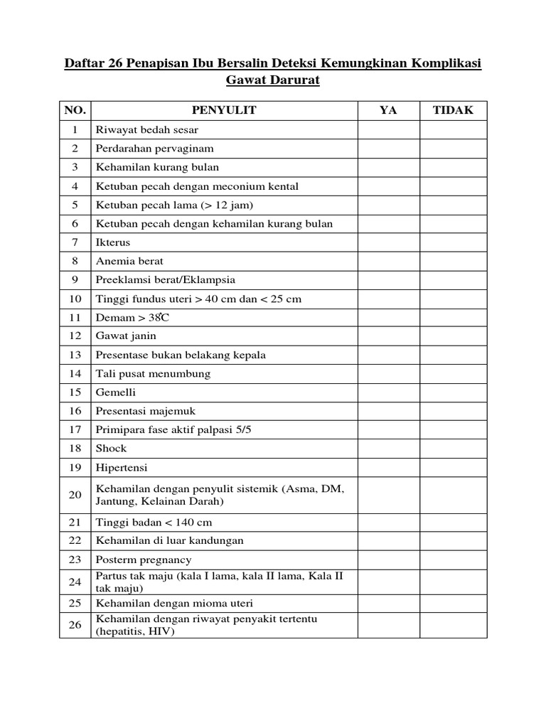 Daftar 26 Penapisan Ibu Bersalin Deteksi Kemungkinan Komplikasi Gawat ...
