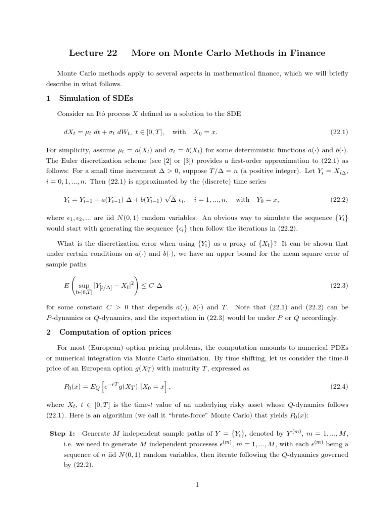 More On Monte Carlo Methods in Finance: 1 Simulation of Sdes | PDF ...