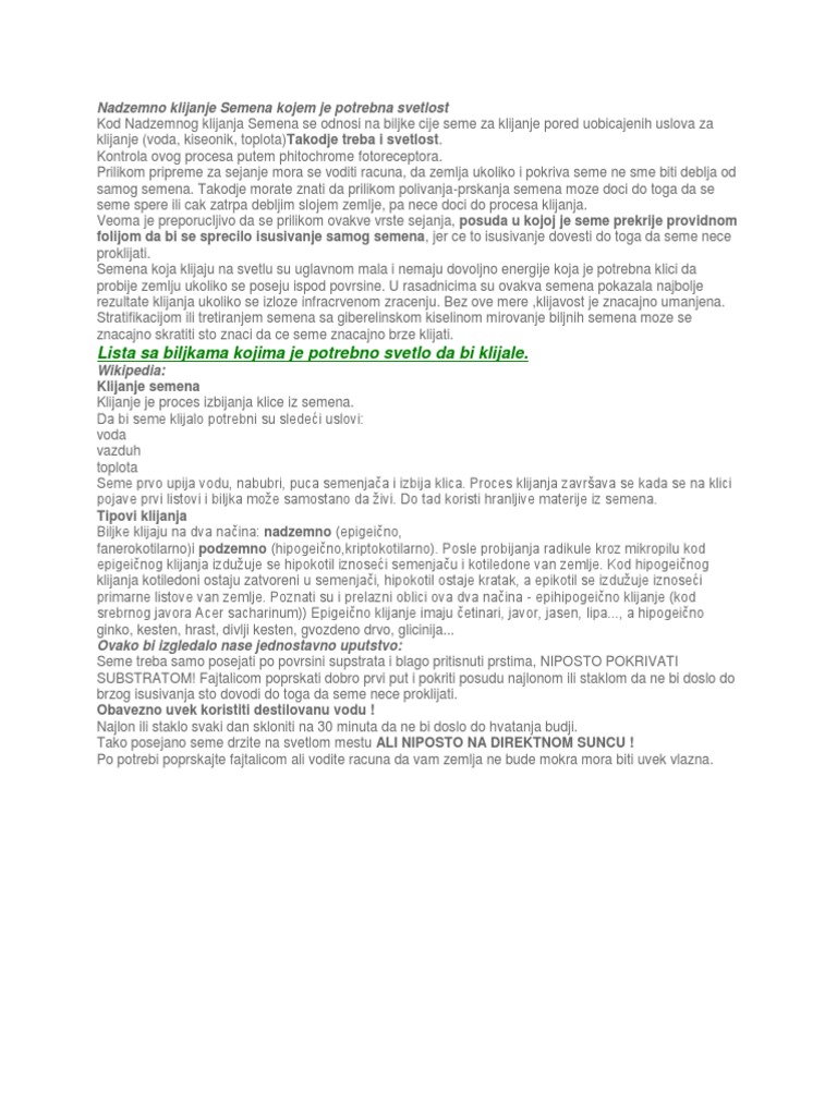 Nadzemno Klijanje Semena Kojem Je Potrebna Svetlost | PDF