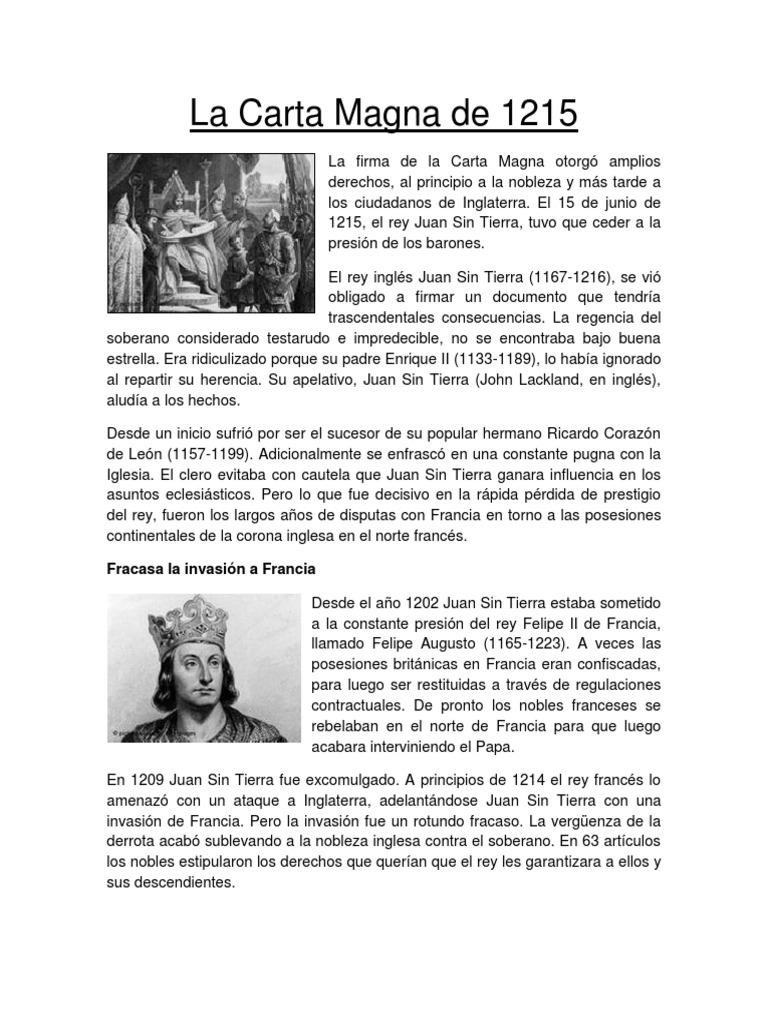 La Carta Magna de 1215: Origen y Consecuencias | PDF | Nobleza | Carta ...