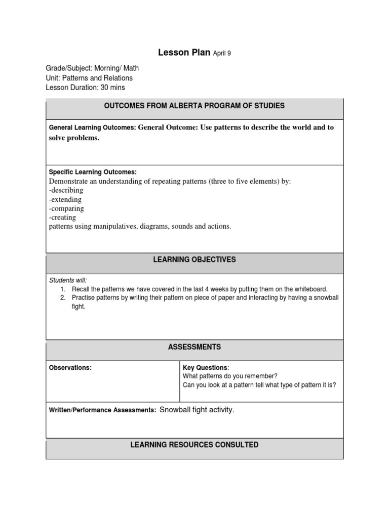 Lesson Plan: General Outcome: Use Patterns To Describe The World and To ...
