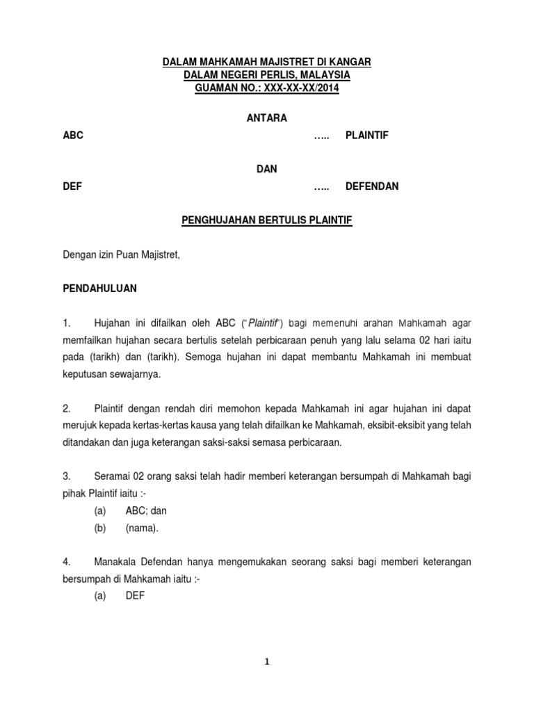 Penghujahan Bertulis Plaintif | PDF