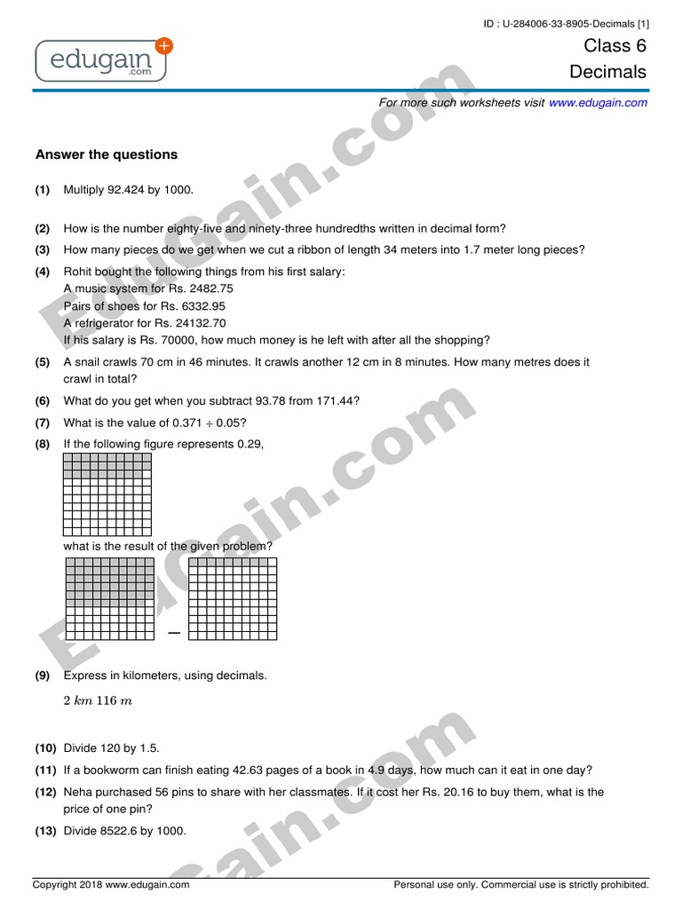 Class 6 Decimals: Answer The Questions | PDF | Teaching Mathematics ...