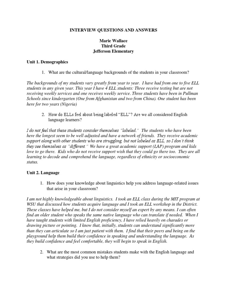 Interview Questions and Answers Marie Wallace Third Grade Jefferson ...