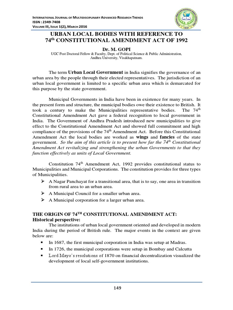 Urban Local Bodies With Reference To 74 Constitutional Amendment Act of ...