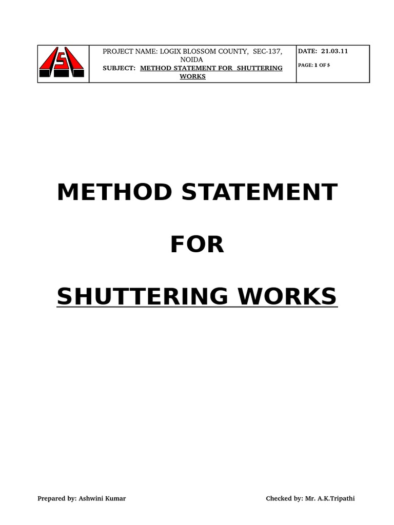 Subject: Method Statement For Shuttering Works | Download Free PDF | Concrete | Building Engineering