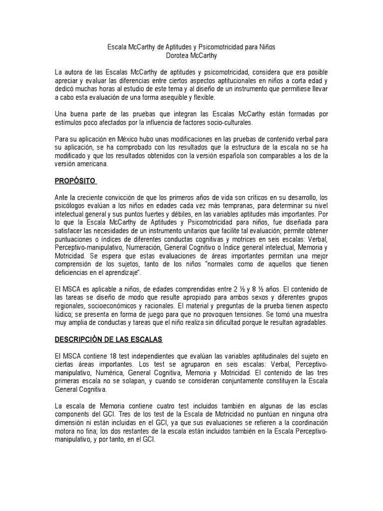 Escala McCarthy: Evaluación Infantil | PDF | Memoria | Mente