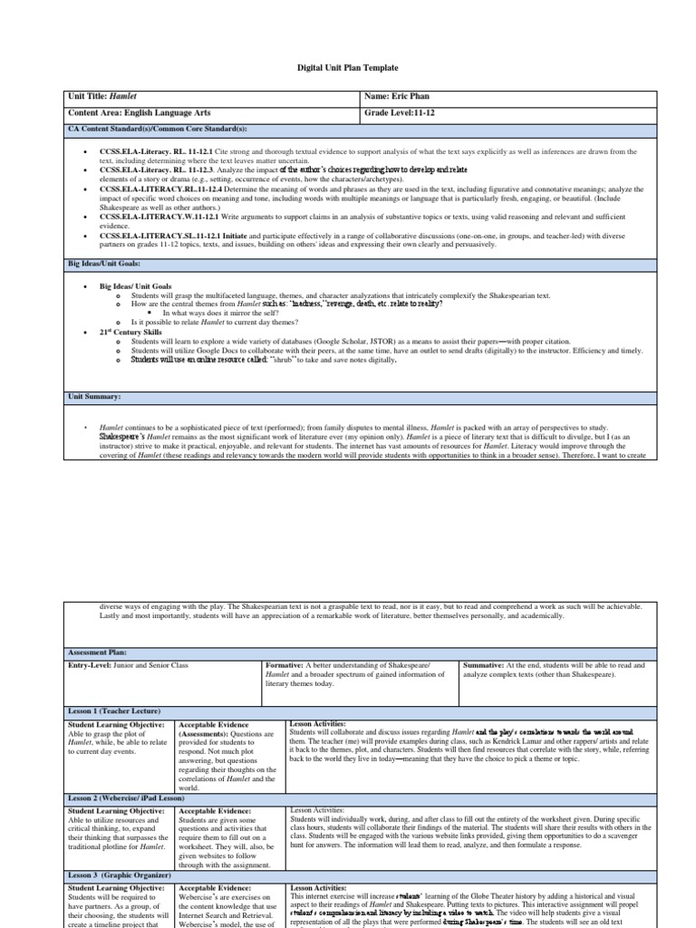 Hamlet Unit Plan | Download Free PDF | Hamlet | Educational Assessment