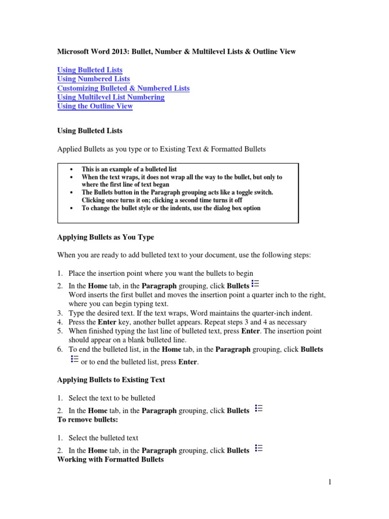MS Word Bullets and Numbering Guide | PDF | Paragraph | Keyboard Shortcut
