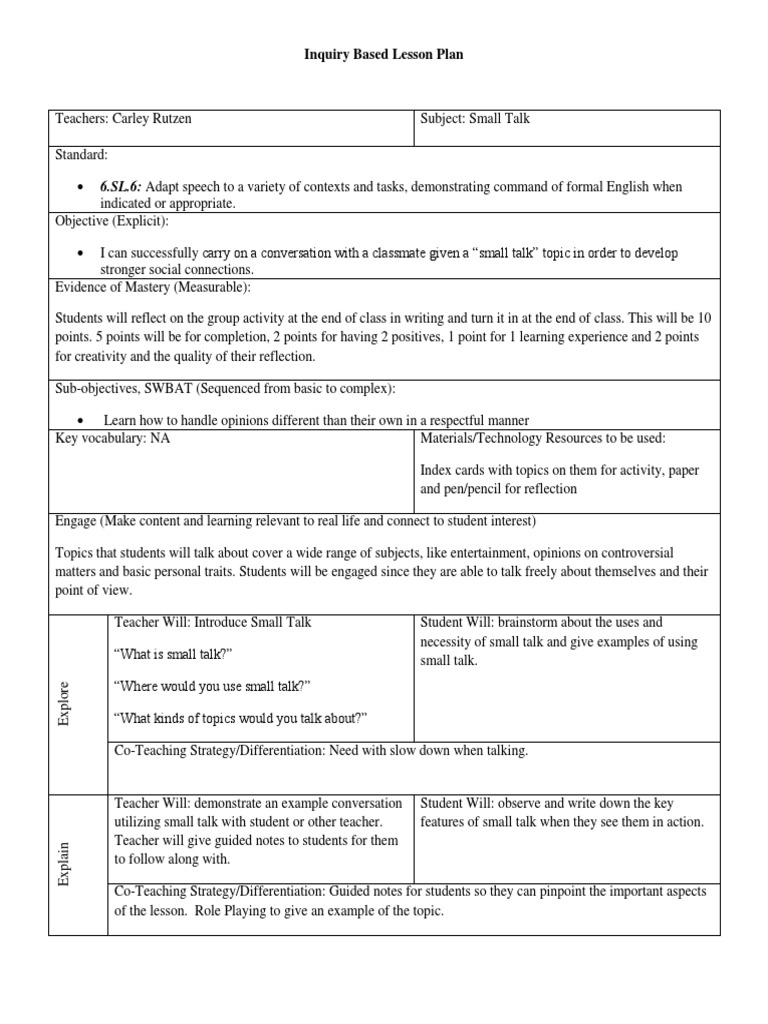Small Talk Lesson Plan1 | PDF | Teachers | Neuropsychological Assessment