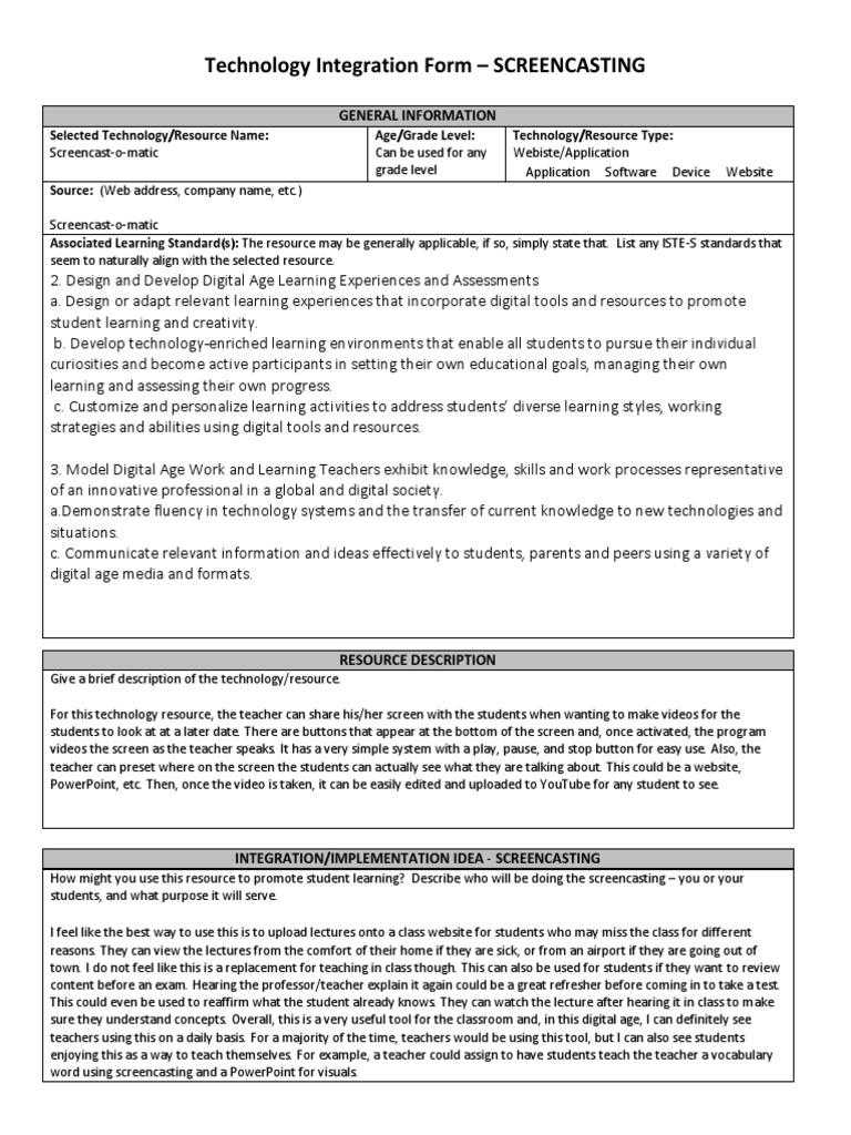 1technology Integration Template-Screencasting | PDF | Learning | Teachers